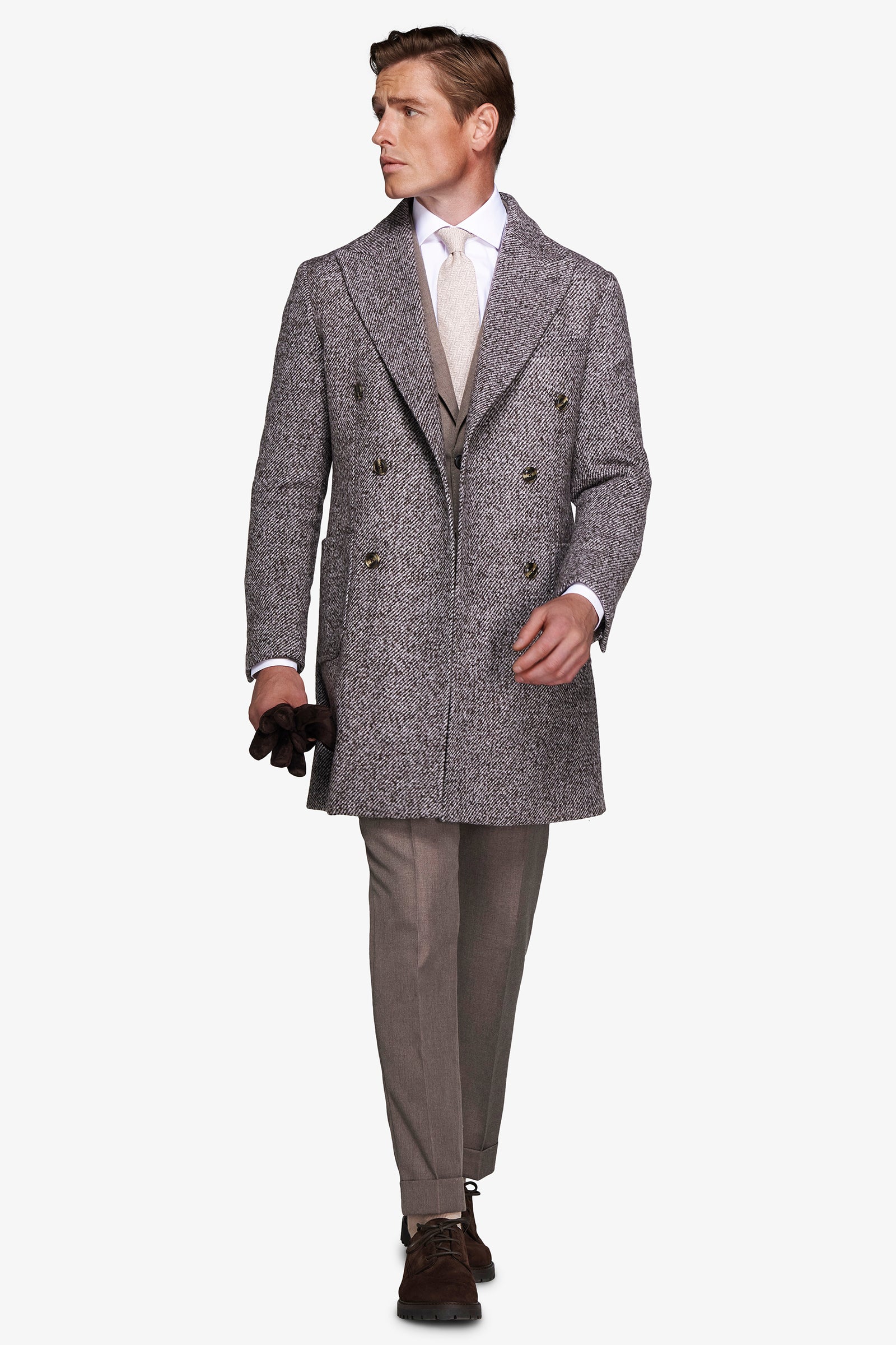 Taupe double-breasted coat in diagonal fabric