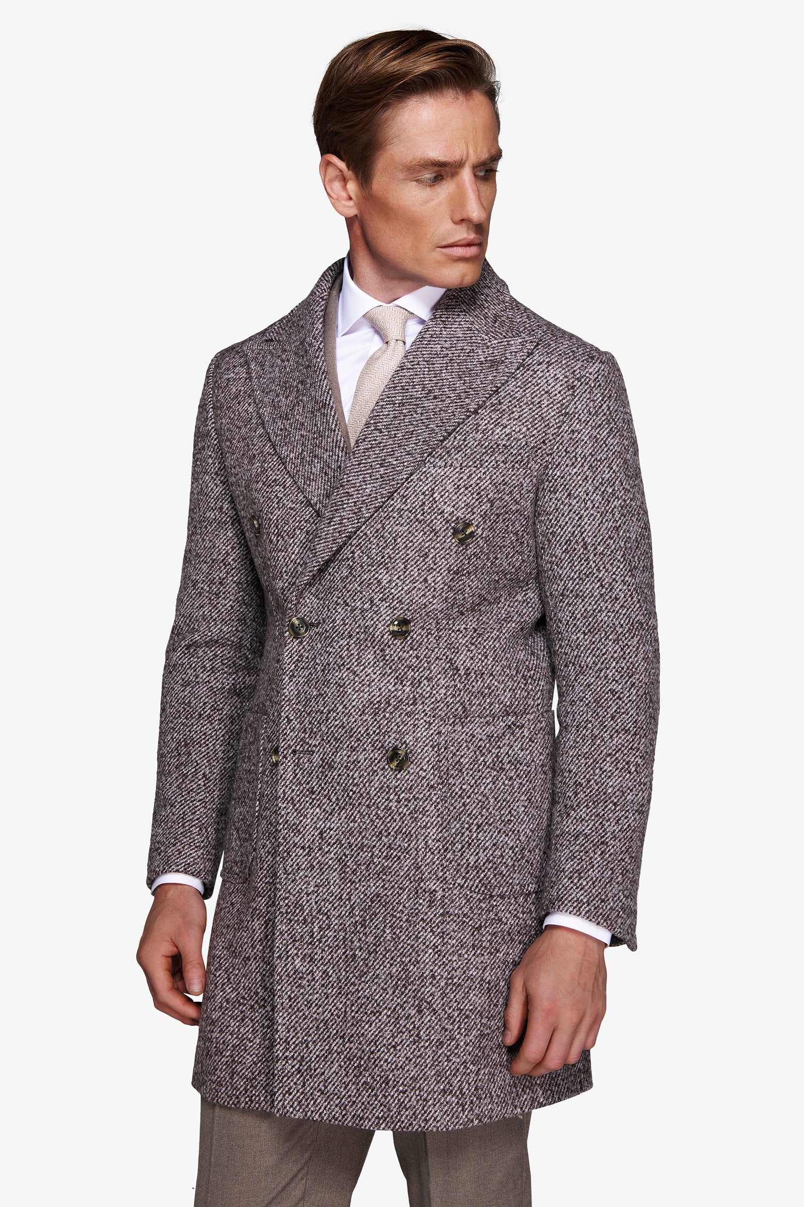 Taupe double-breasted coat in diagonal fabric