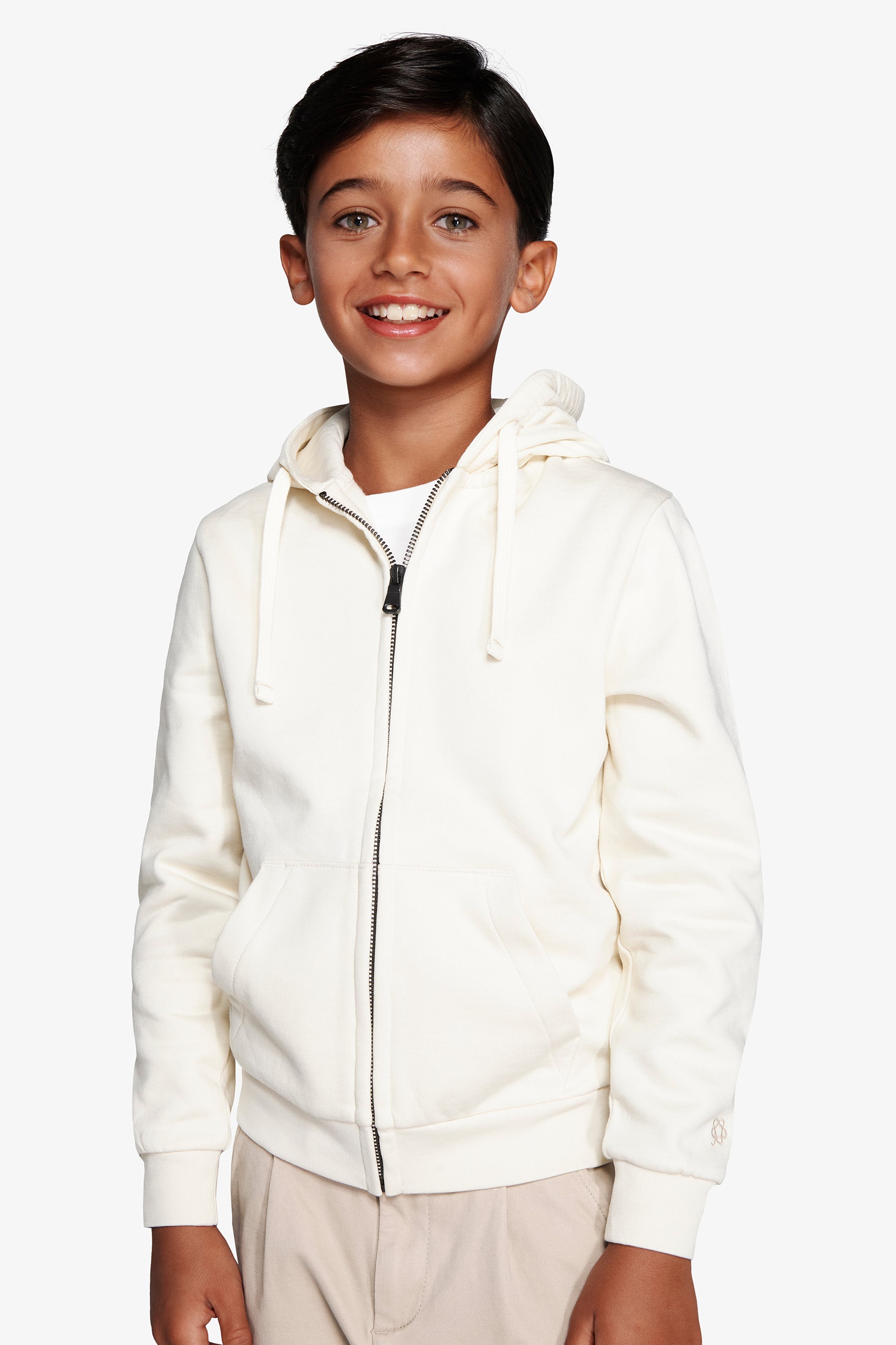 KIDS Cream dual material full-zip sweater