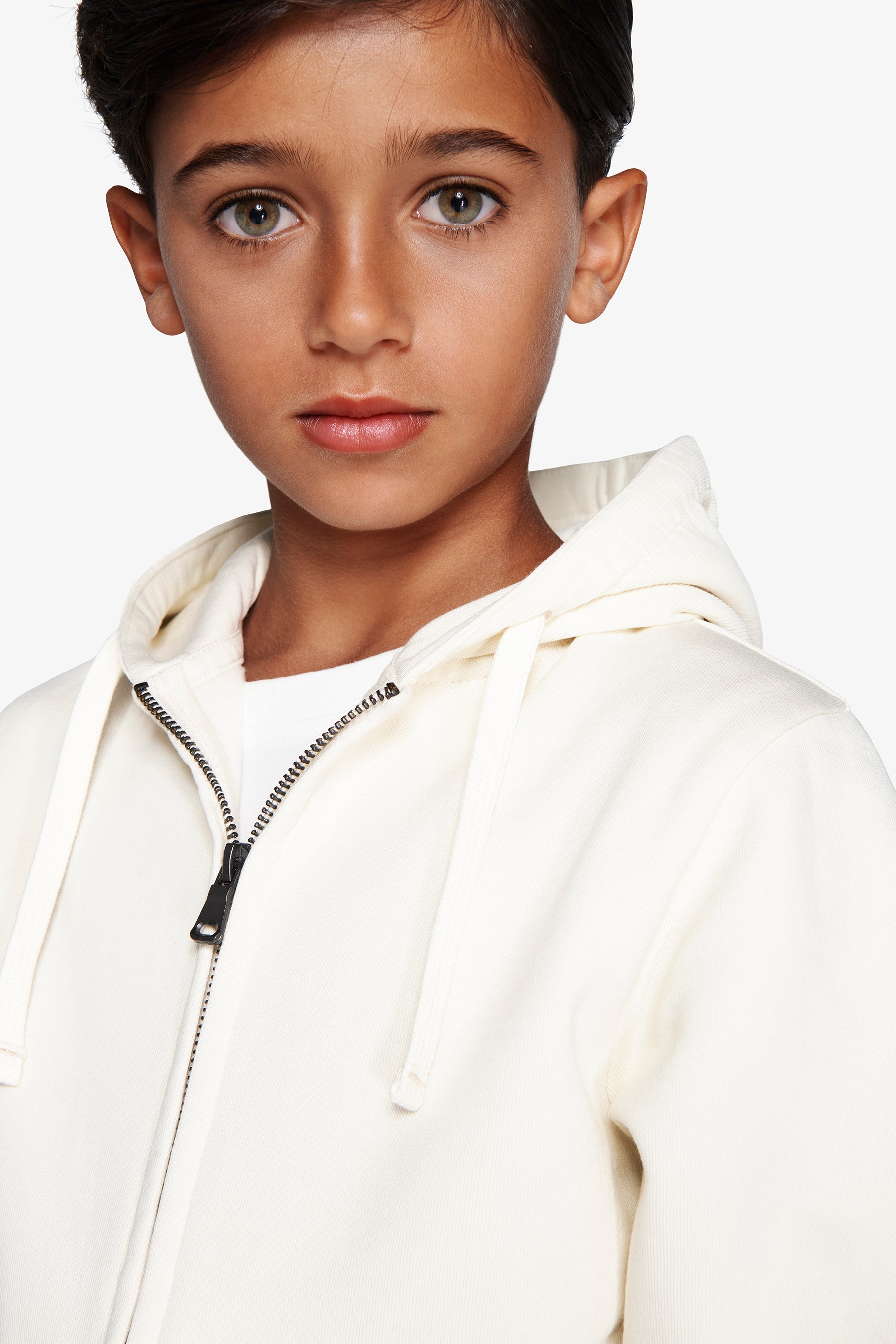 KIDS Cream dual material full-zip sweater