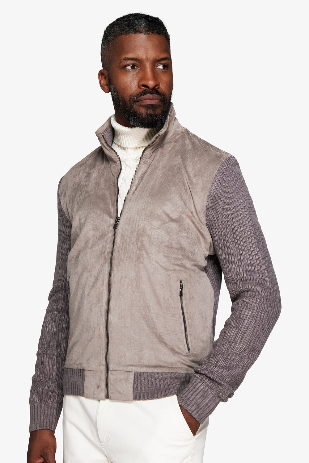 Taupe dual material knit bomber jacket