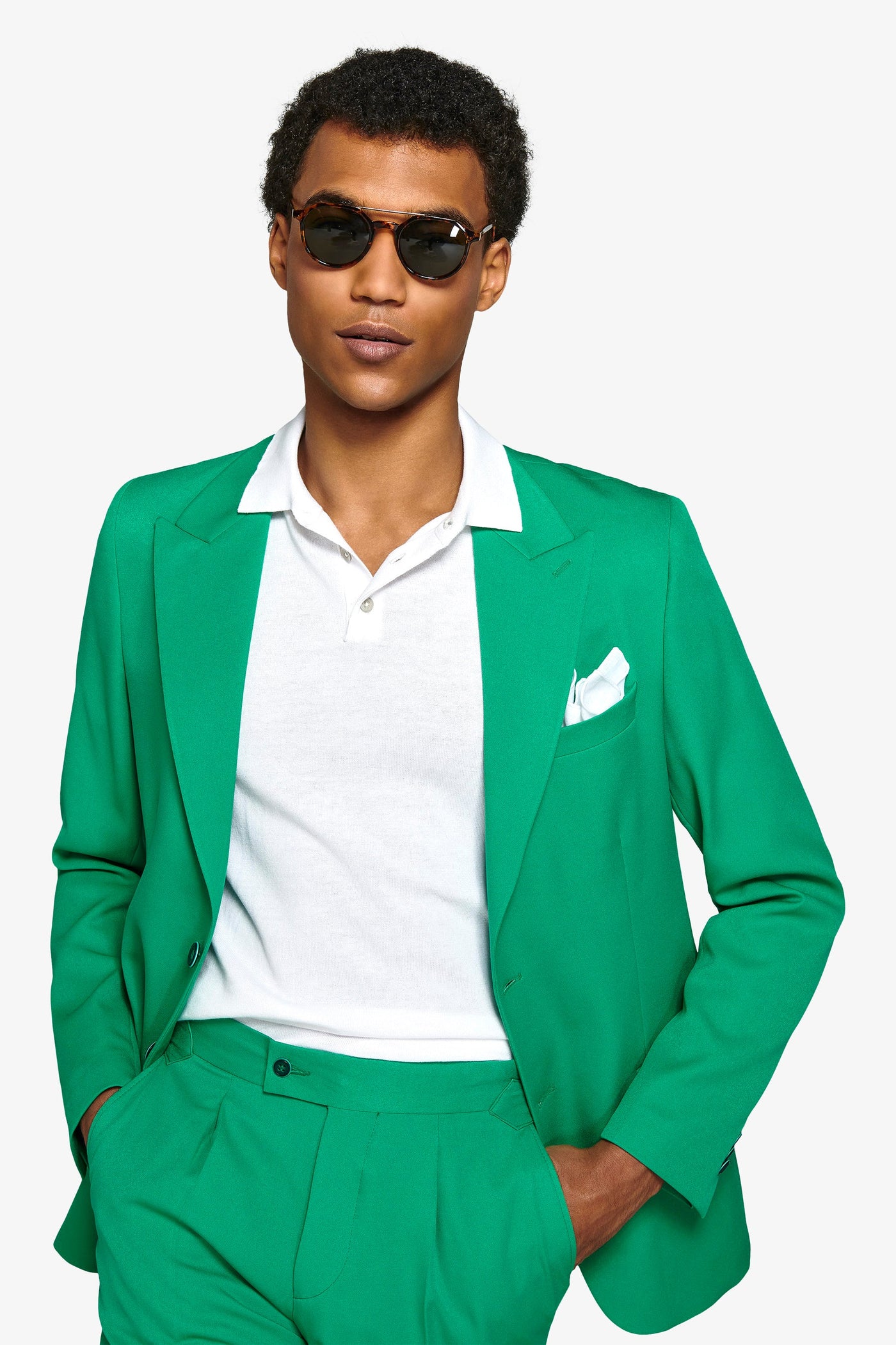 Green peak lapel slim suit blazer