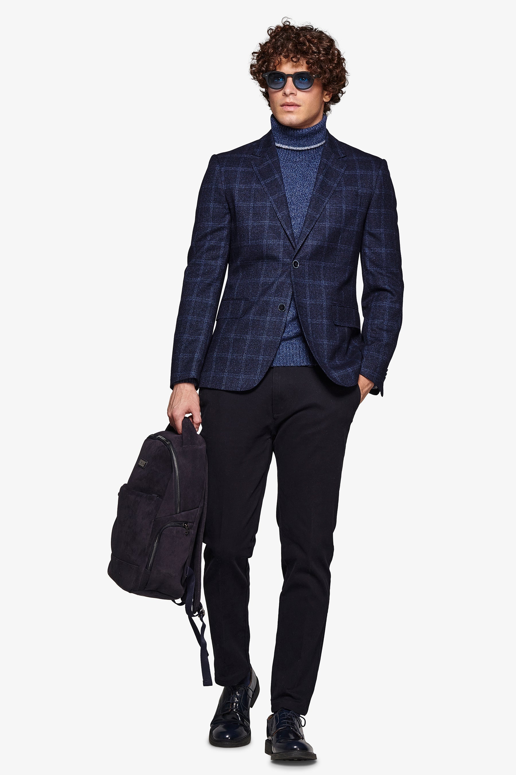 Navy micro bouclè overcheck blazer