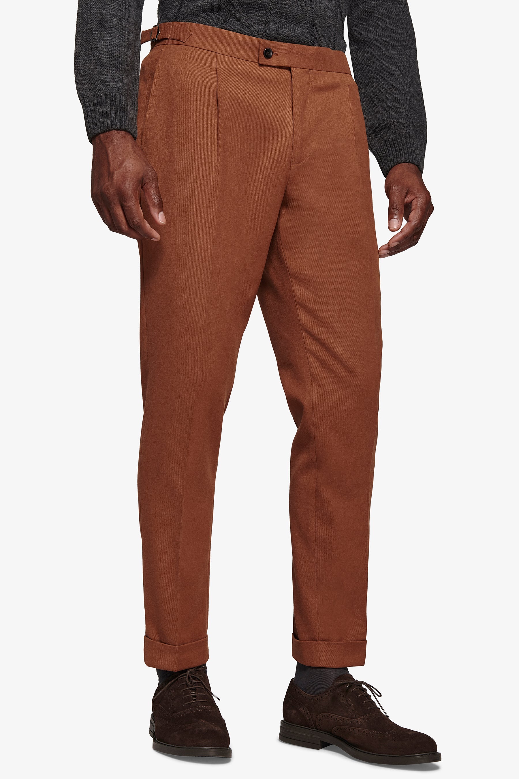 Biscuit suit trousers with pleats and straps